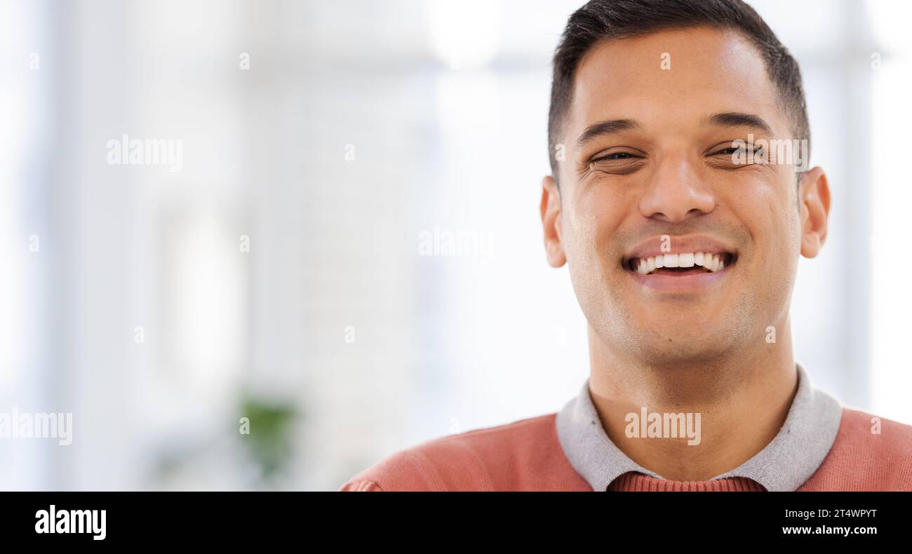 Happy, portrait and businessman in office with future, vision and ...