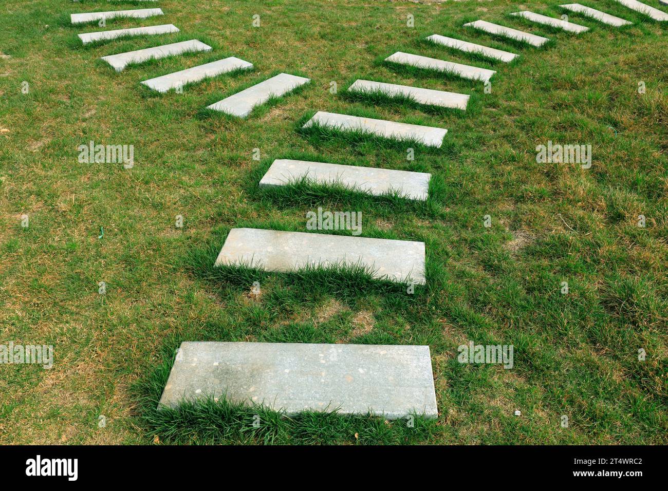 slate path is on the lawn Stock Photo - Alamy
