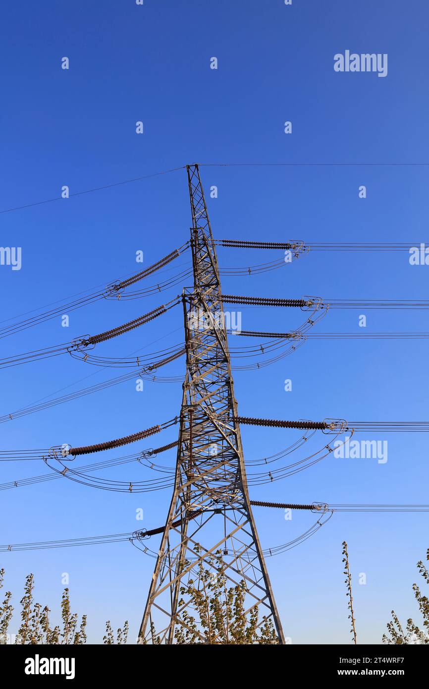 high voltage electric power steel tower, closeup of photo Stock Photo ...