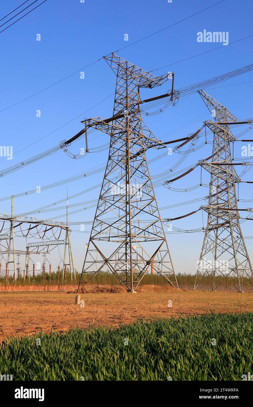 high voltage electric power steel tower, closeup of photo Stock Photo ...
