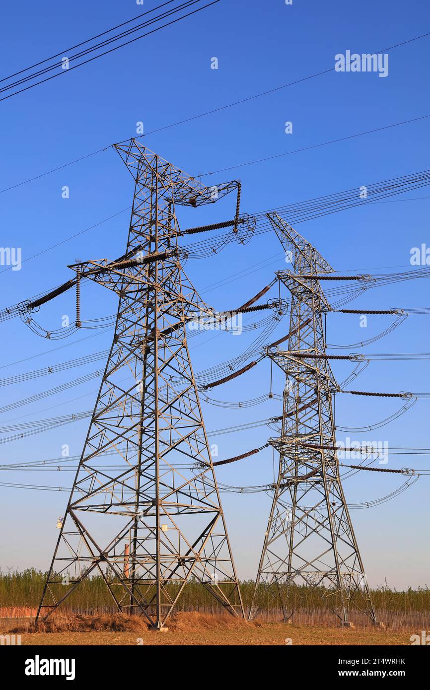high voltage electric power steel tower, closeup of photo Stock Photo ...
