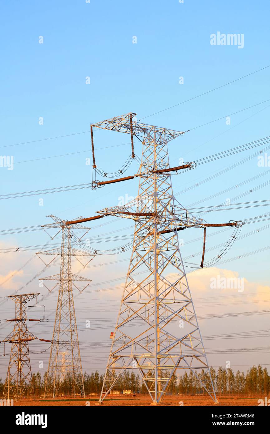 high voltage electric power steel tower, closeup of photo Stock Photo ...