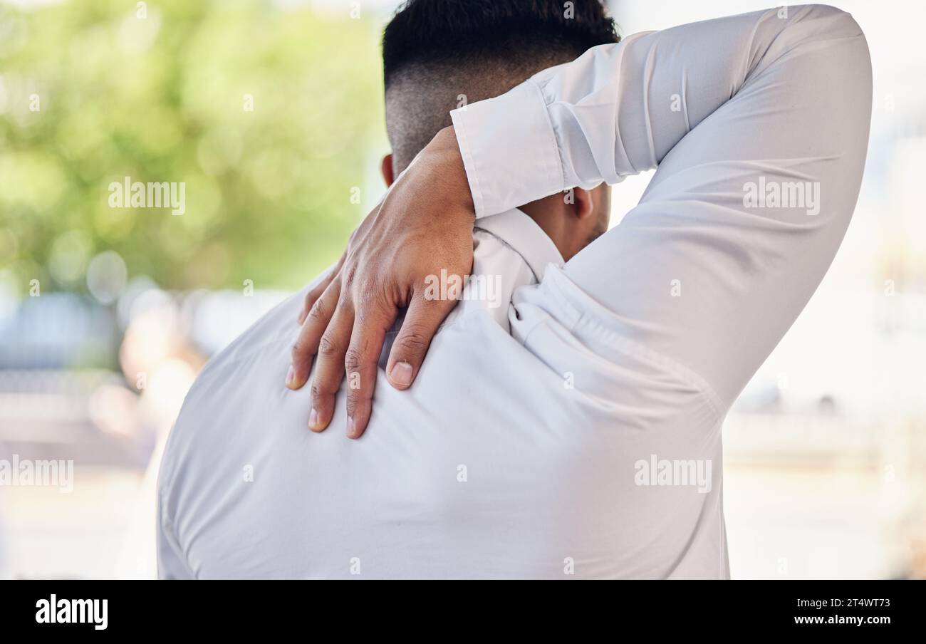 Back pain, business man and stress with inflammation, tension and ...