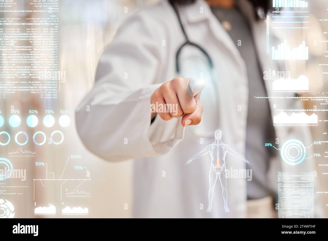 Doctor, hands and medical screen hologram, biometric data and ...