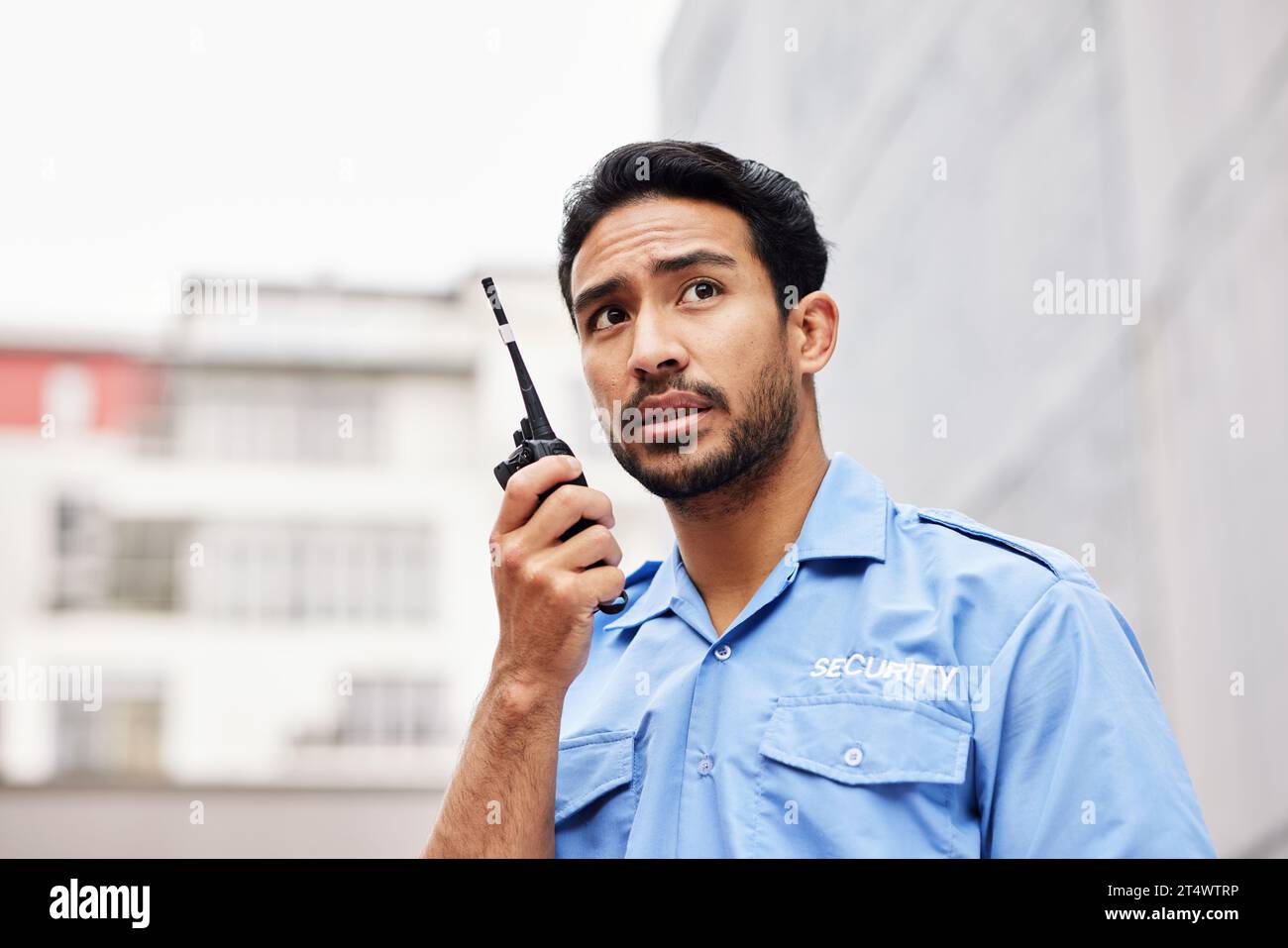 Walkie talkie, man and asian security guard for safety, city watch or ...