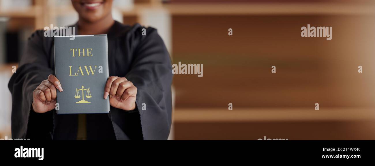 Hands, banner or judge with book, constitution research or education ...