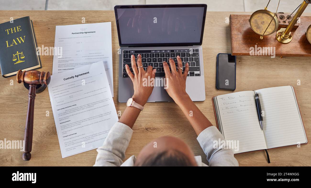 Lawyer, working hands and custody agreement typing with attorney case ...