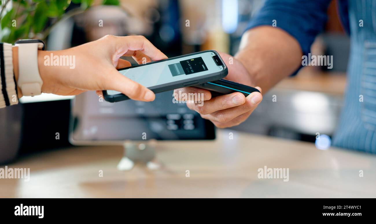 Cashier, customer and phone for POS machine for restaurant fintech ...
