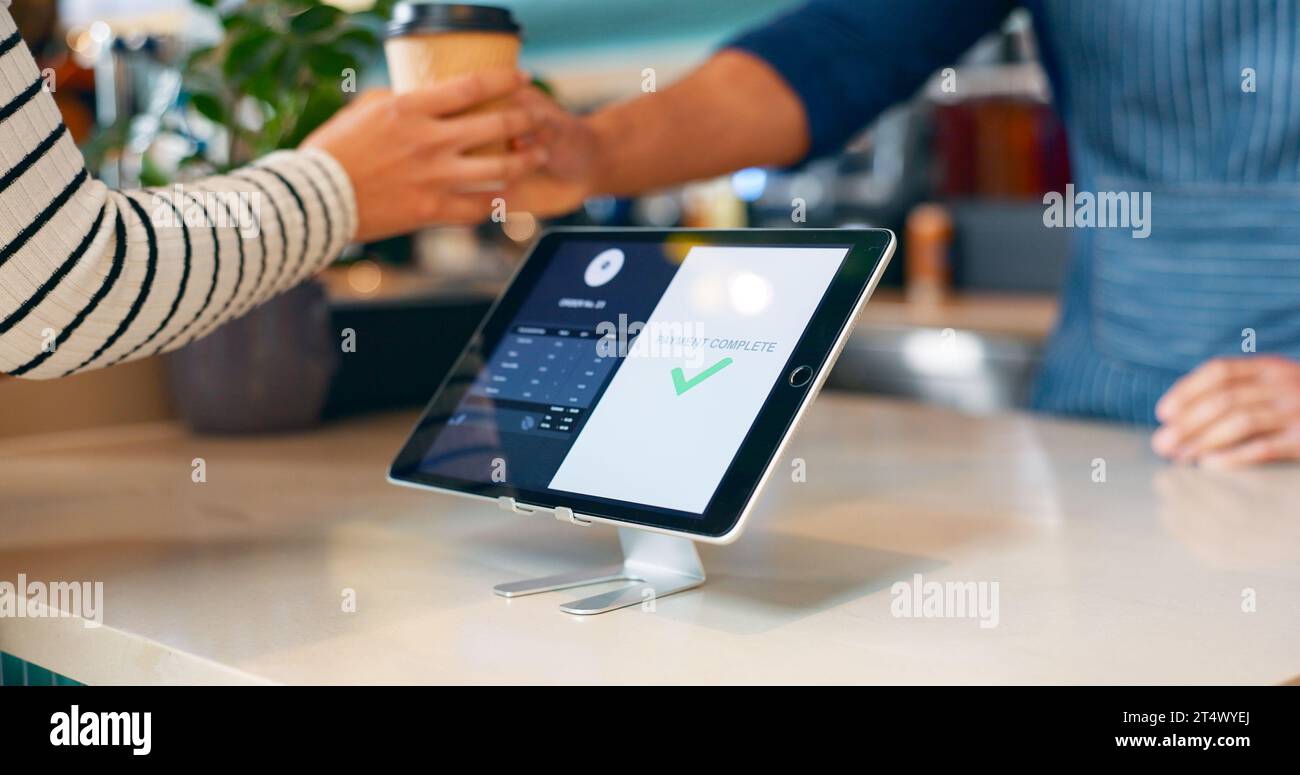 Hands, coffee and pos in cafe, check sign and fintech app for discount ...