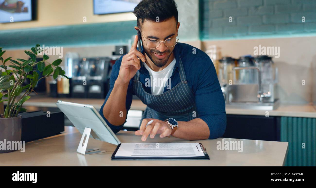 Barista, phone call or documents for restaurant, cafe logistics or ...