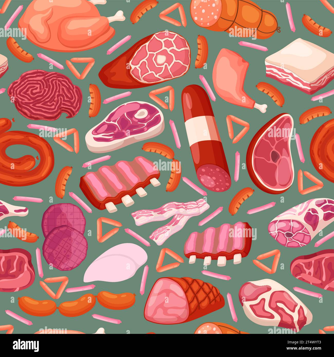 Seamless pattern with meat products. Chicken, sausages and steak. Decor ...