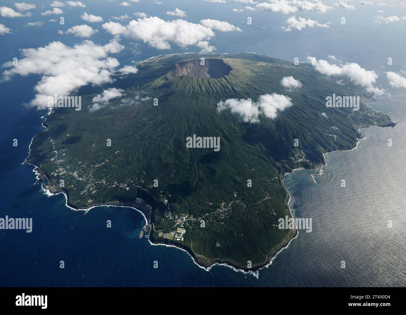 An aerial photo shows Miyake-jima Island in Miyake Village, Tokyo on ...