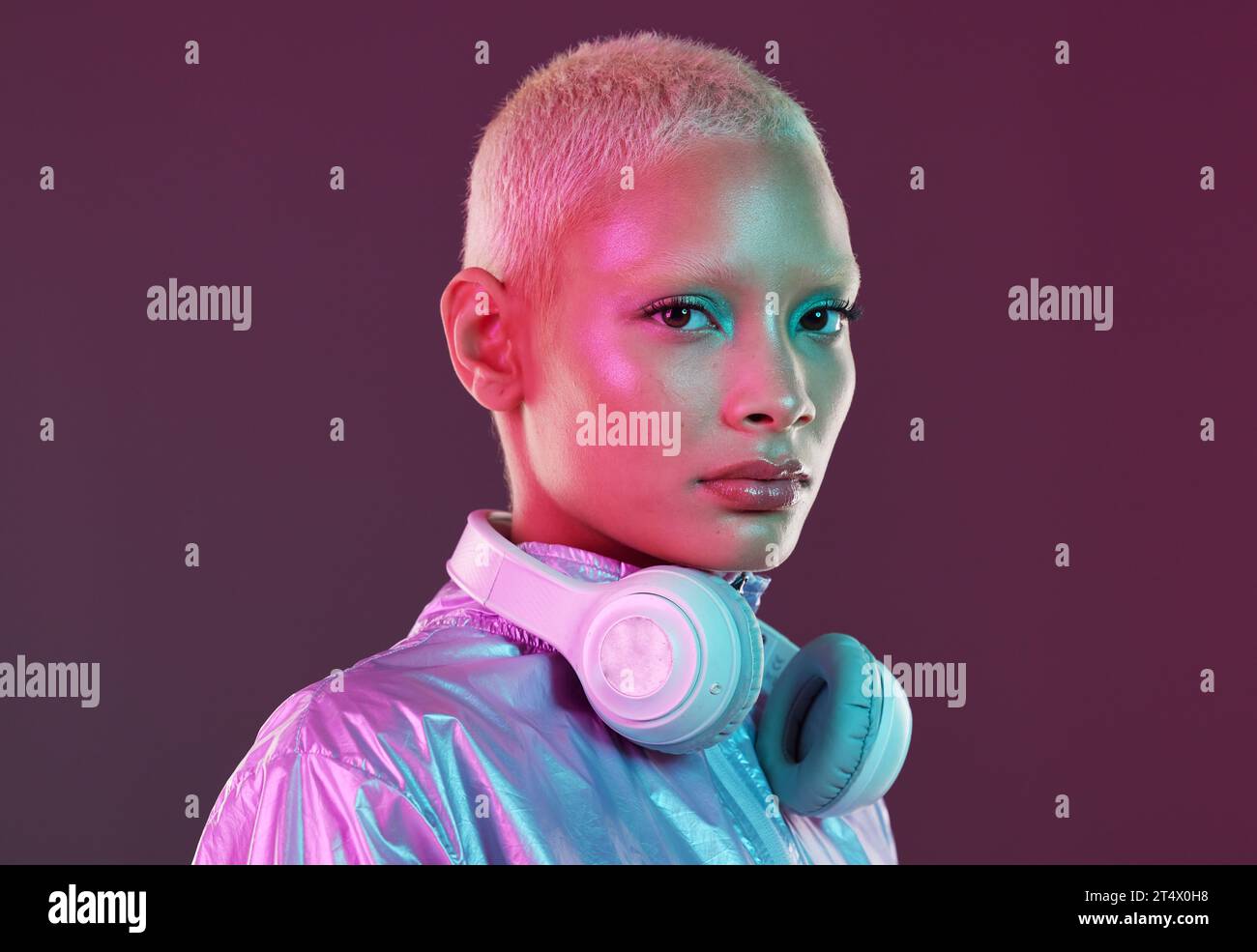 Vaporwave fashion, chroma clothing and portrait of black woman with ...