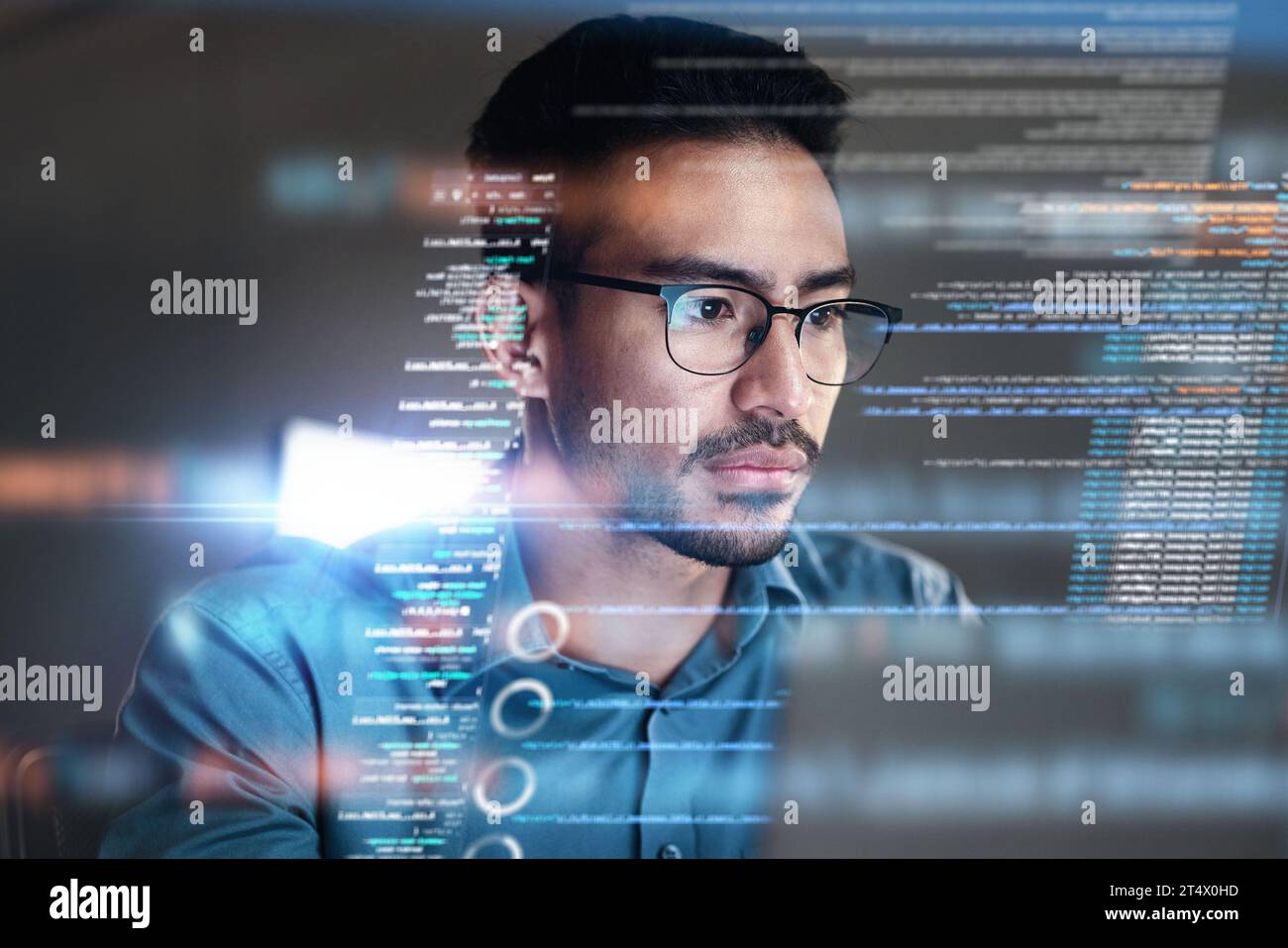 Programming coding and man with focus, hologram and trading with cyber security, futuristic and ...