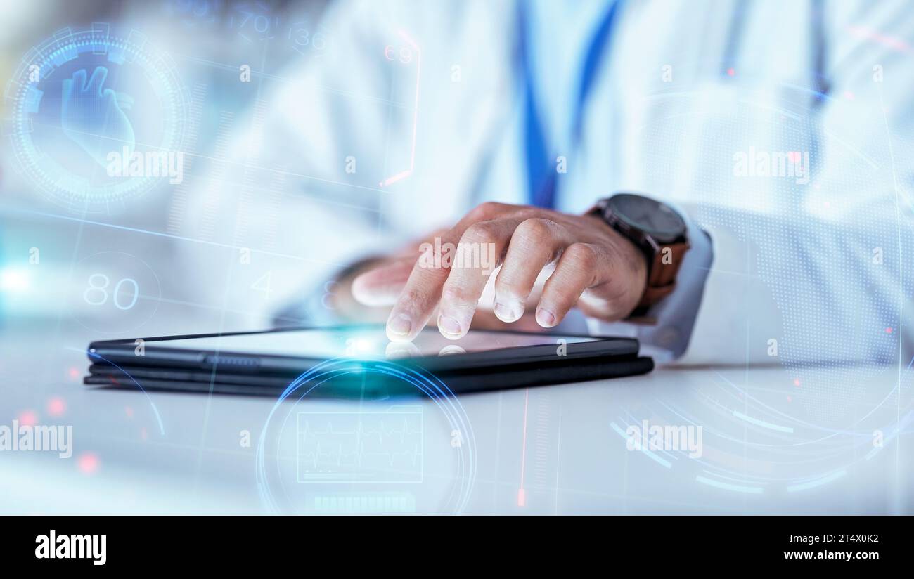 Scientist hand, tablet and hologram in laboratory with typing, chart ...