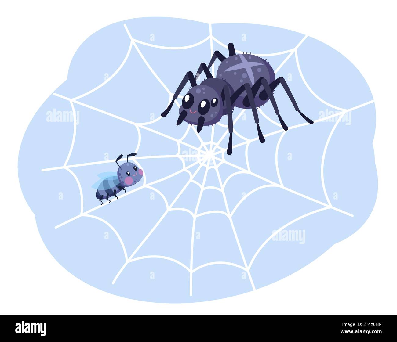 Spider with fly in web. Cute funny insects. Happy bug or beetle in ...