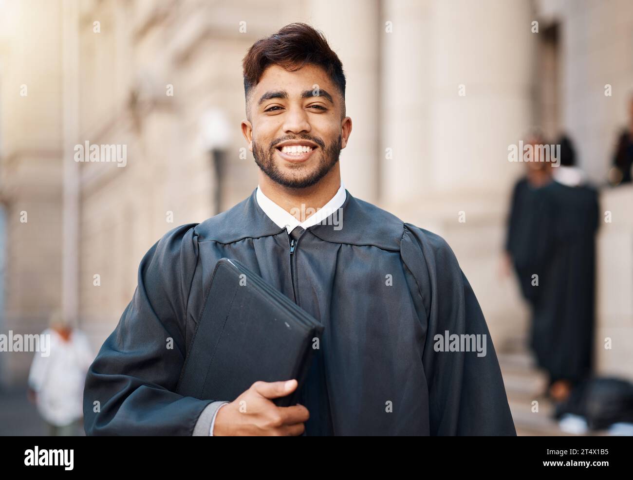Smile, lawyer and judge with portrait of man in city for justice, jury ...