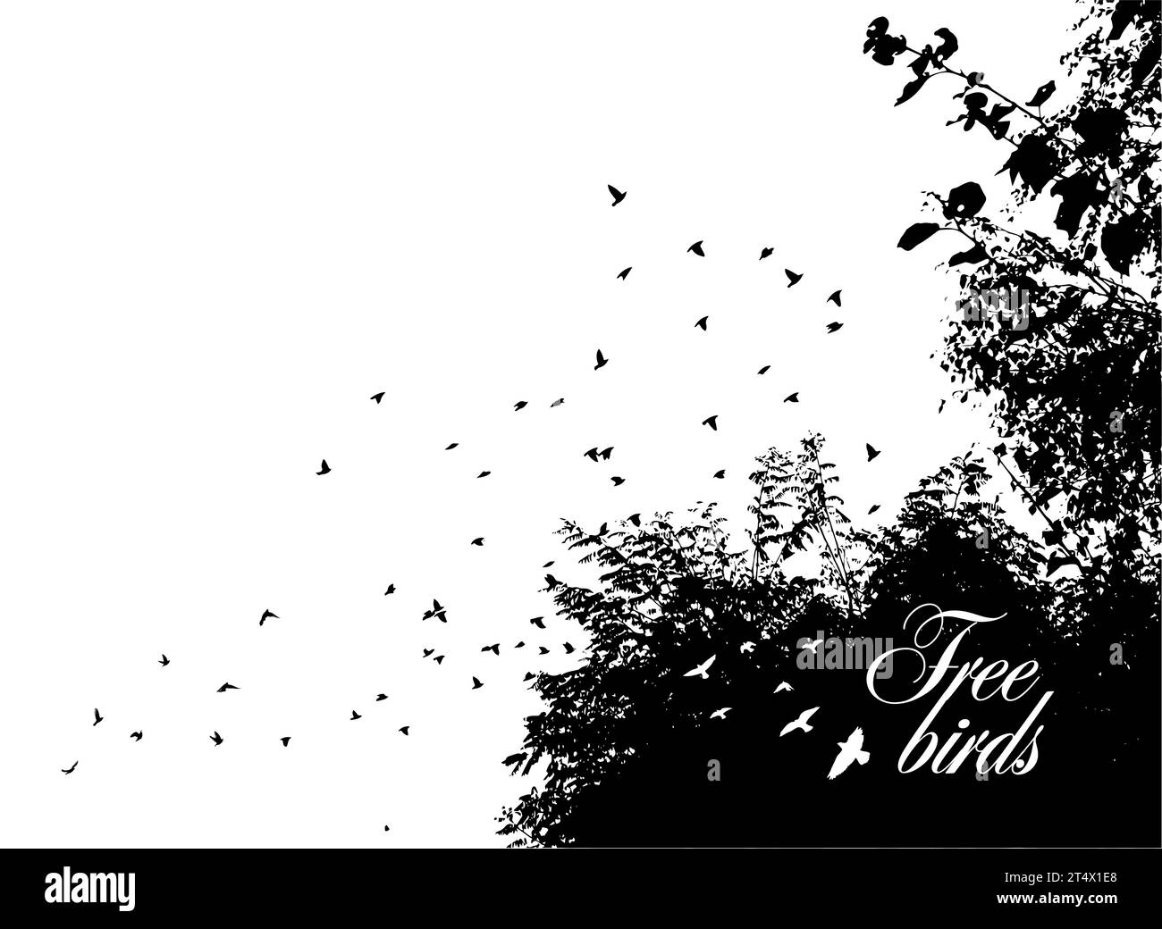 Silhouette of birds flying from the trees. Vector illustration. Art ...