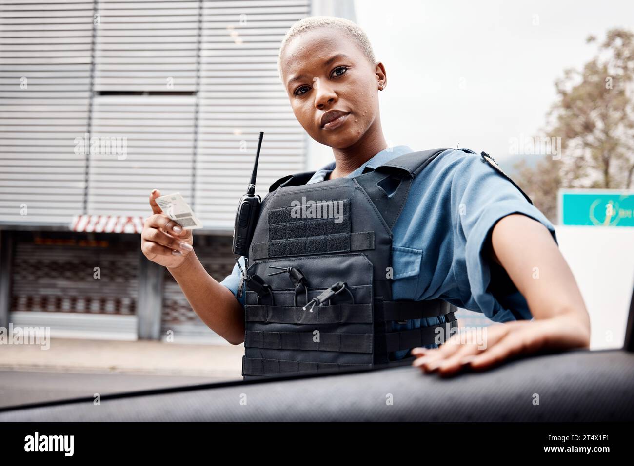 Portrait, drivers license or police officer in city to check info for ...