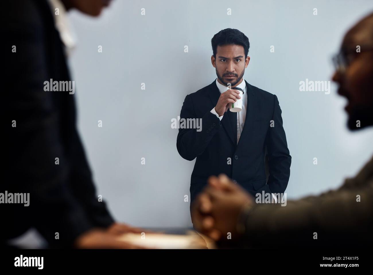 Detective, interview and criminal with man and suspect in interrogation ...