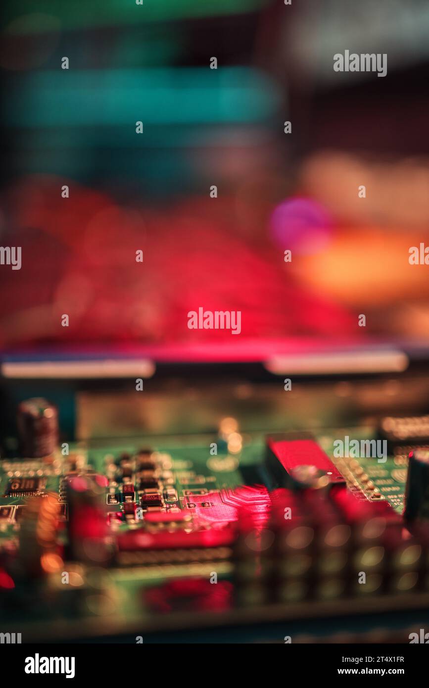 Computer Motherboard Closeup And Manufacturing With Microchip Mockup Space And It Development