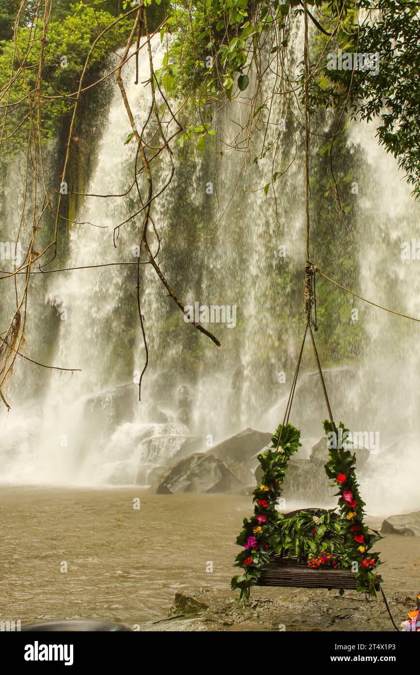 Vertical image of Waterfall on the Siem Reap River. Phnom Kulen - the ...