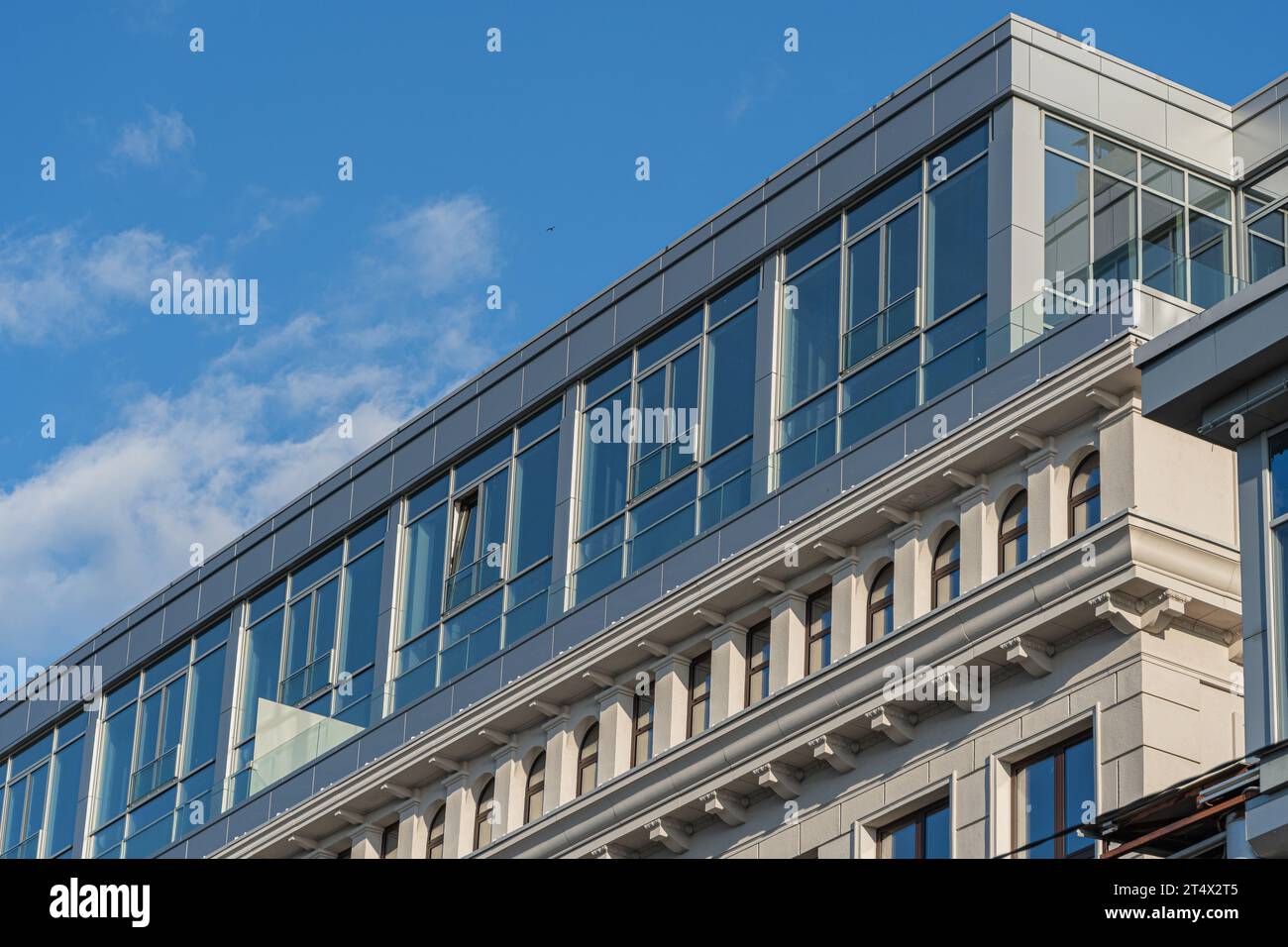 New building facade in housing complex. Modern style in architecture ...