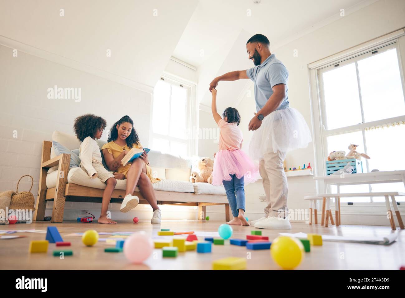 Ballet dancing, family dad and happy child play pretend game, learning ...