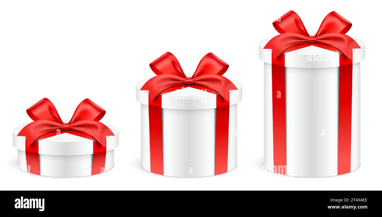 Different height round shape white gift boxes wrapped with red ribbons ...