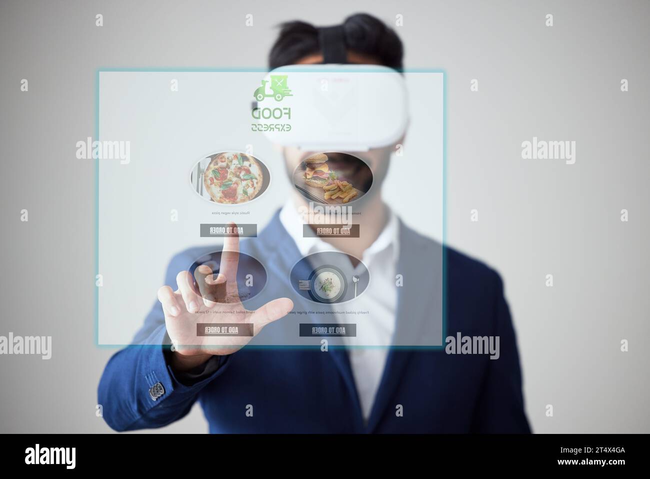 Online shopping menu, future screen and man point select fast food ...