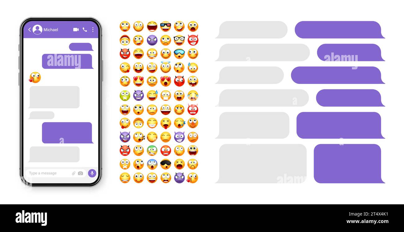 Smartphone messaging app, user interface design with emoji. SMS text ...