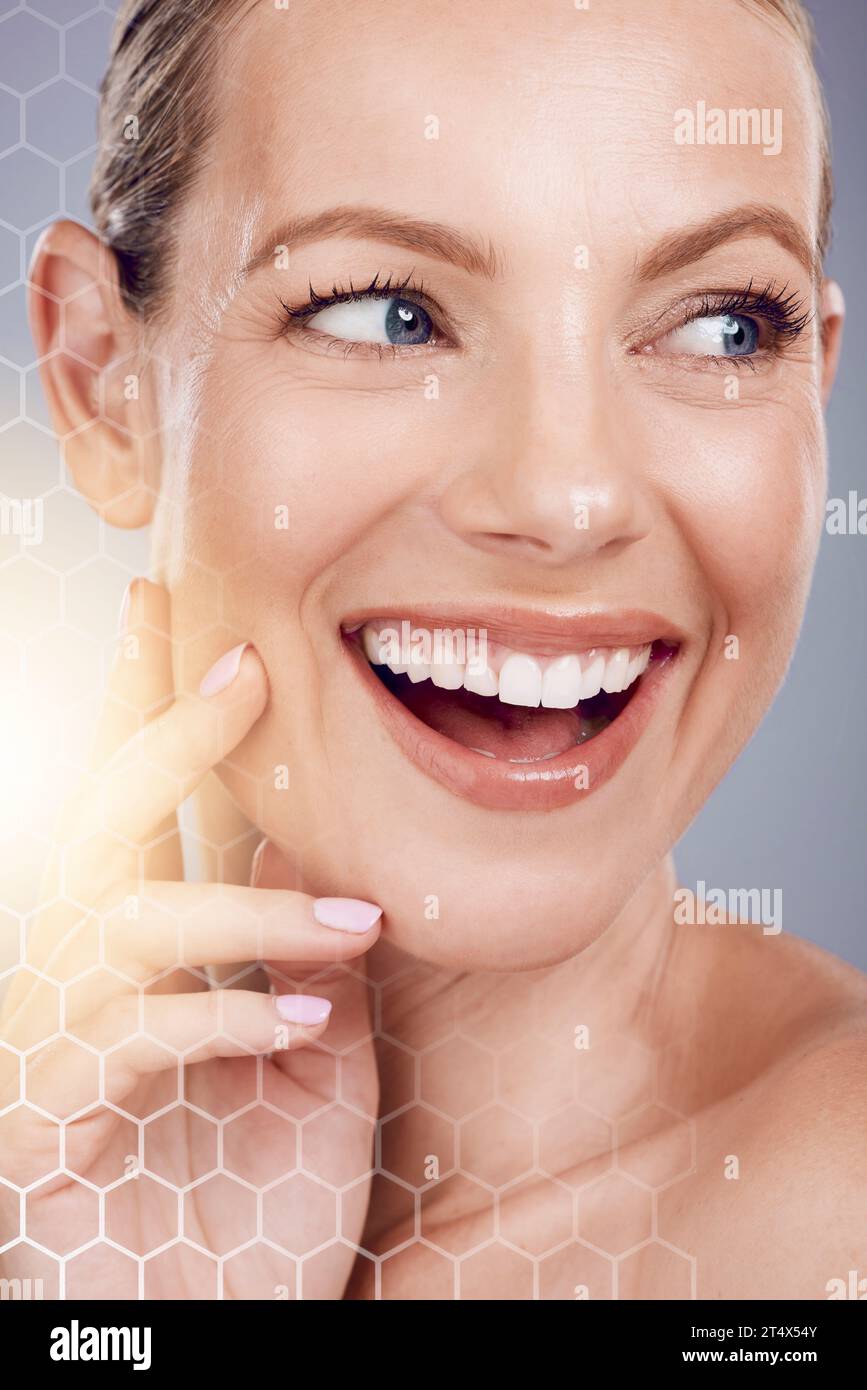 Woman, studio and skincare with hologram for beauty, cosmetic wellness ...