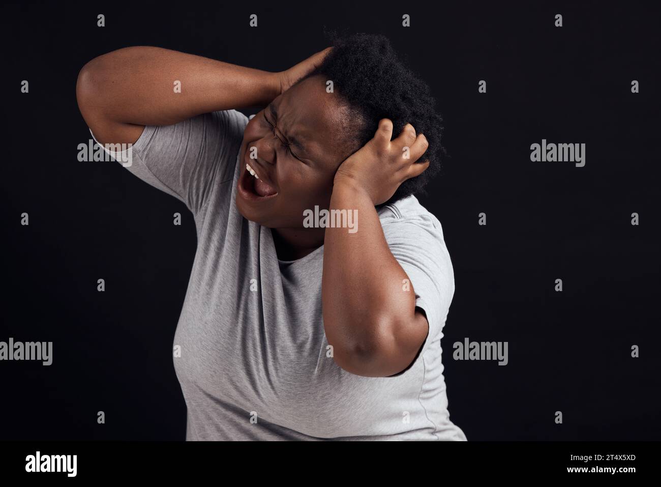 Frustrated, scream and black woman with anxiety, mental health and lose ...