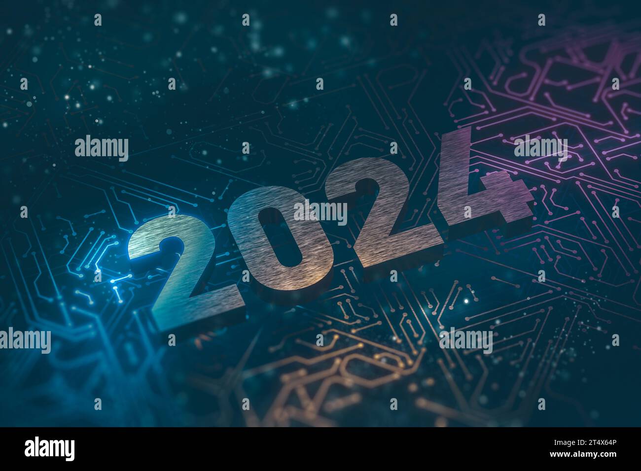 2024 digits on circuit board wire lines shine over dark background ...