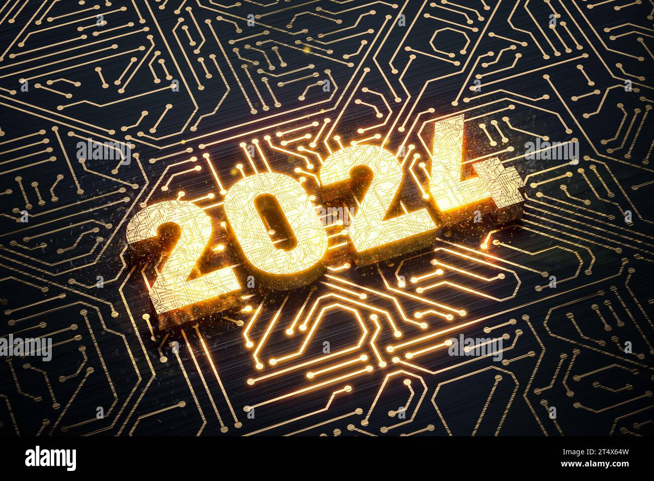 2024 digits on circuit board wire lines golden color shine over black ...