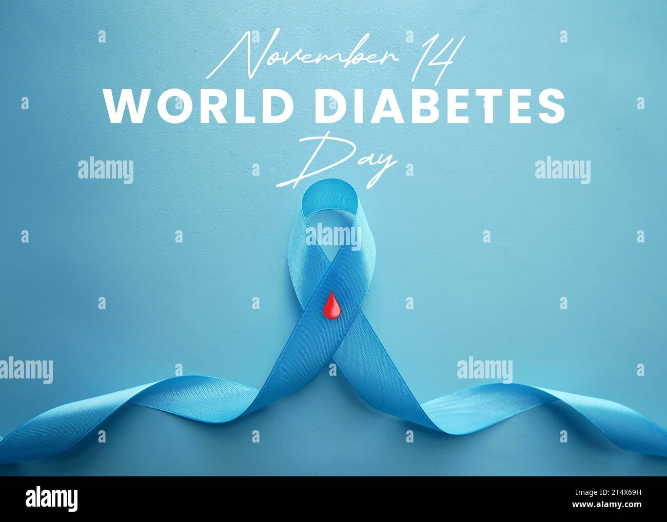 World diabetes day awareness concept. Blue ribbon with blood drops on a ...