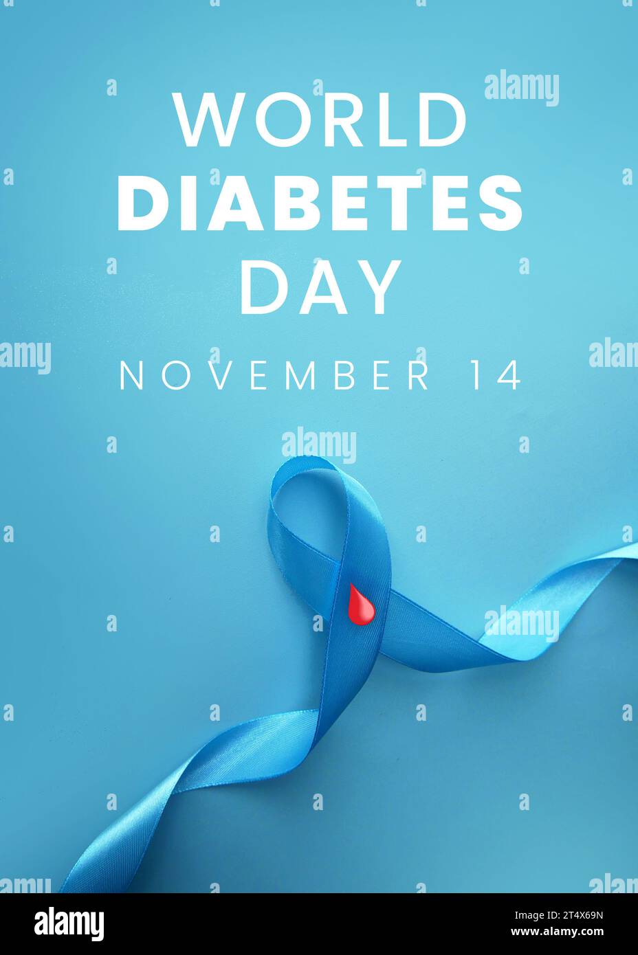 World diabetes day awareness concept. Blue ribbon with blood drops on a ...