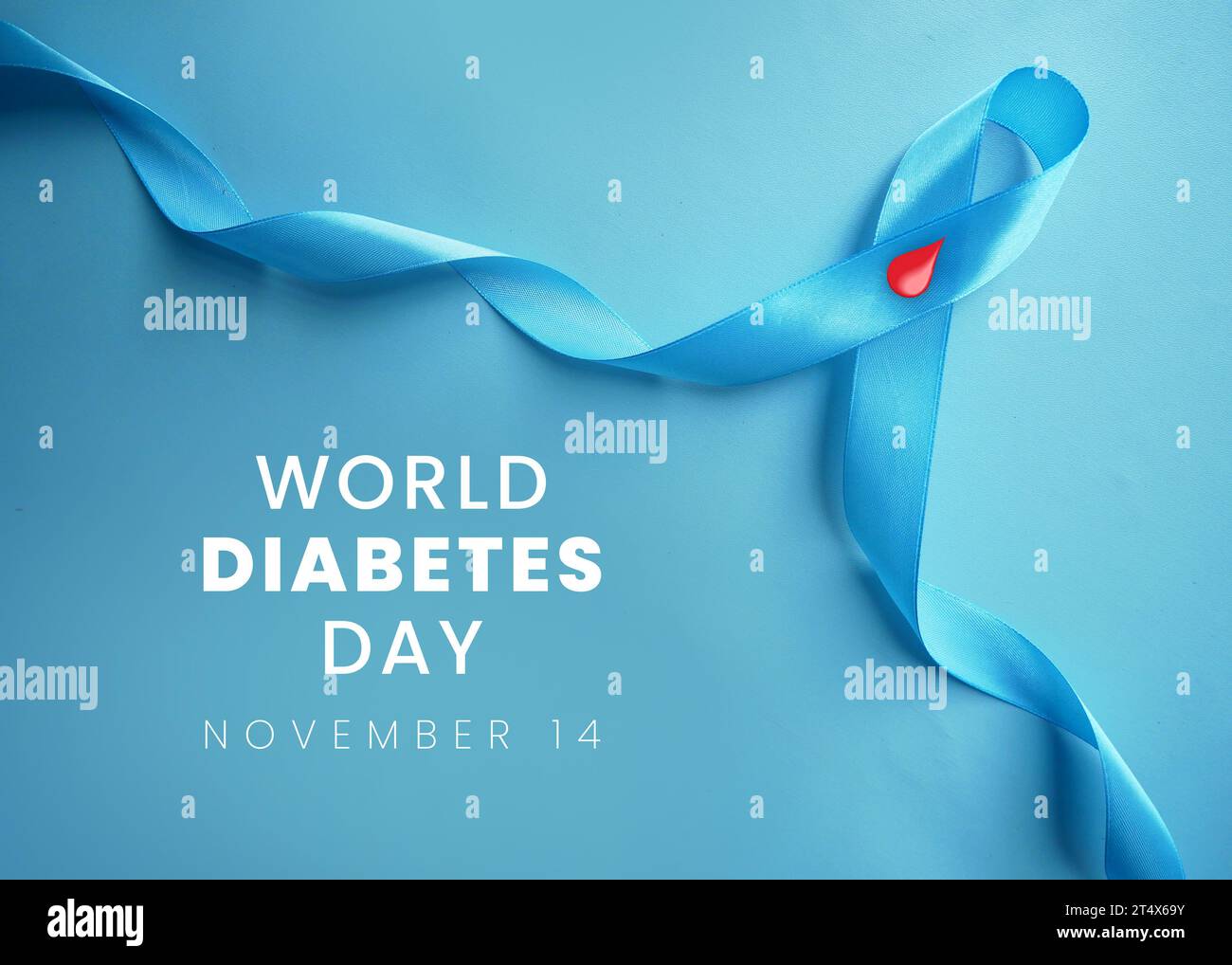 World diabetes day awareness concept. Blue ribbon with blood drops on a ...