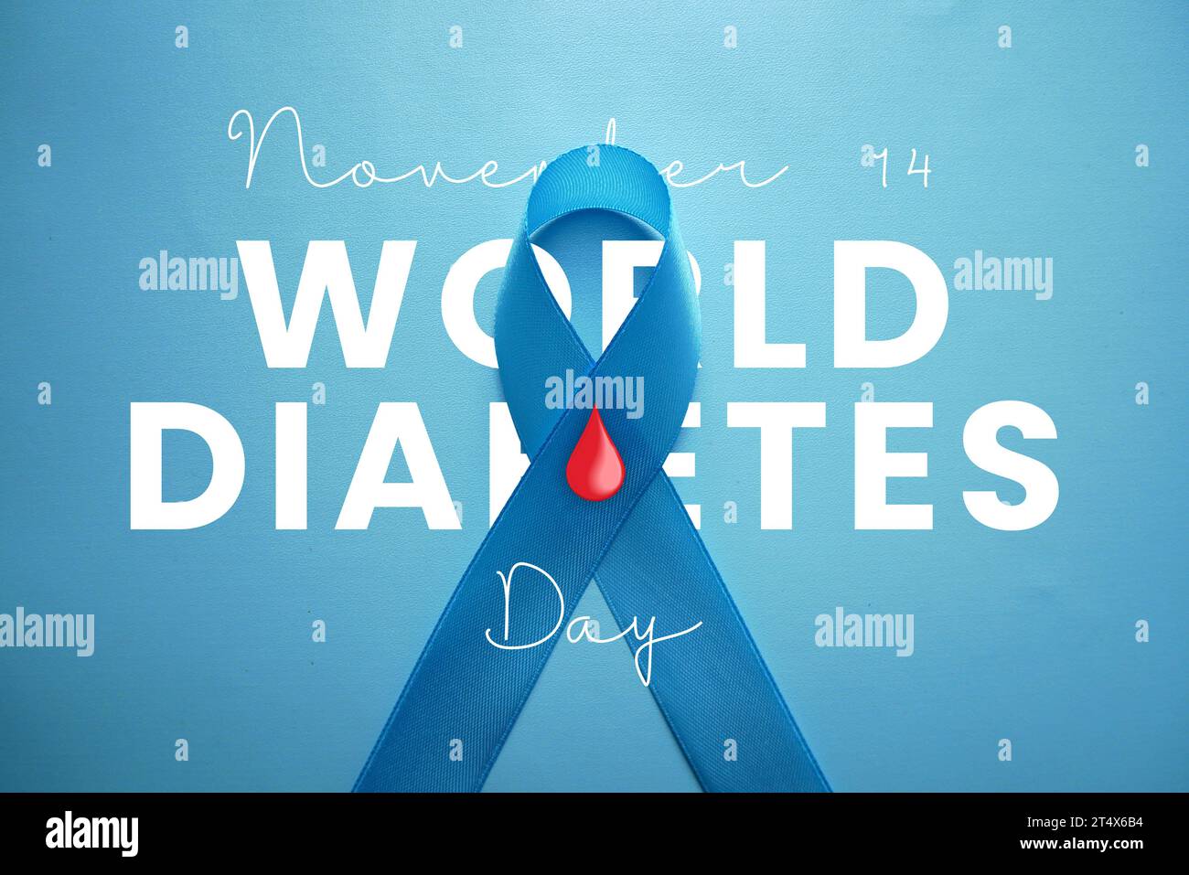 World diabetes day awareness concept. Blue ribbon with blood drops on a ...