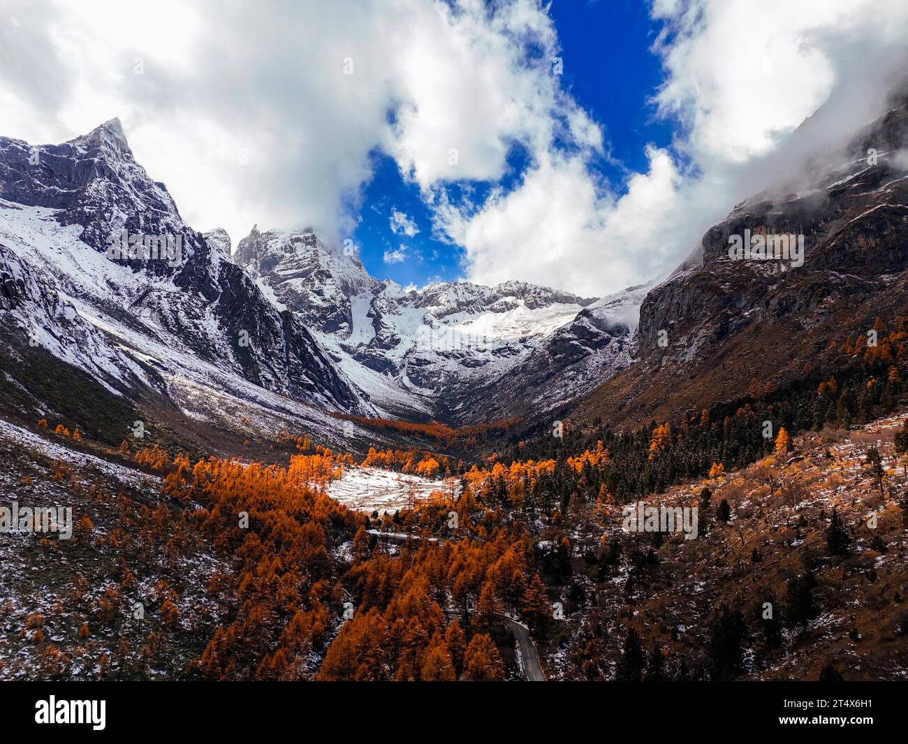 Aerial photo shows the autumn scenery of the snow mountain and colorful ...