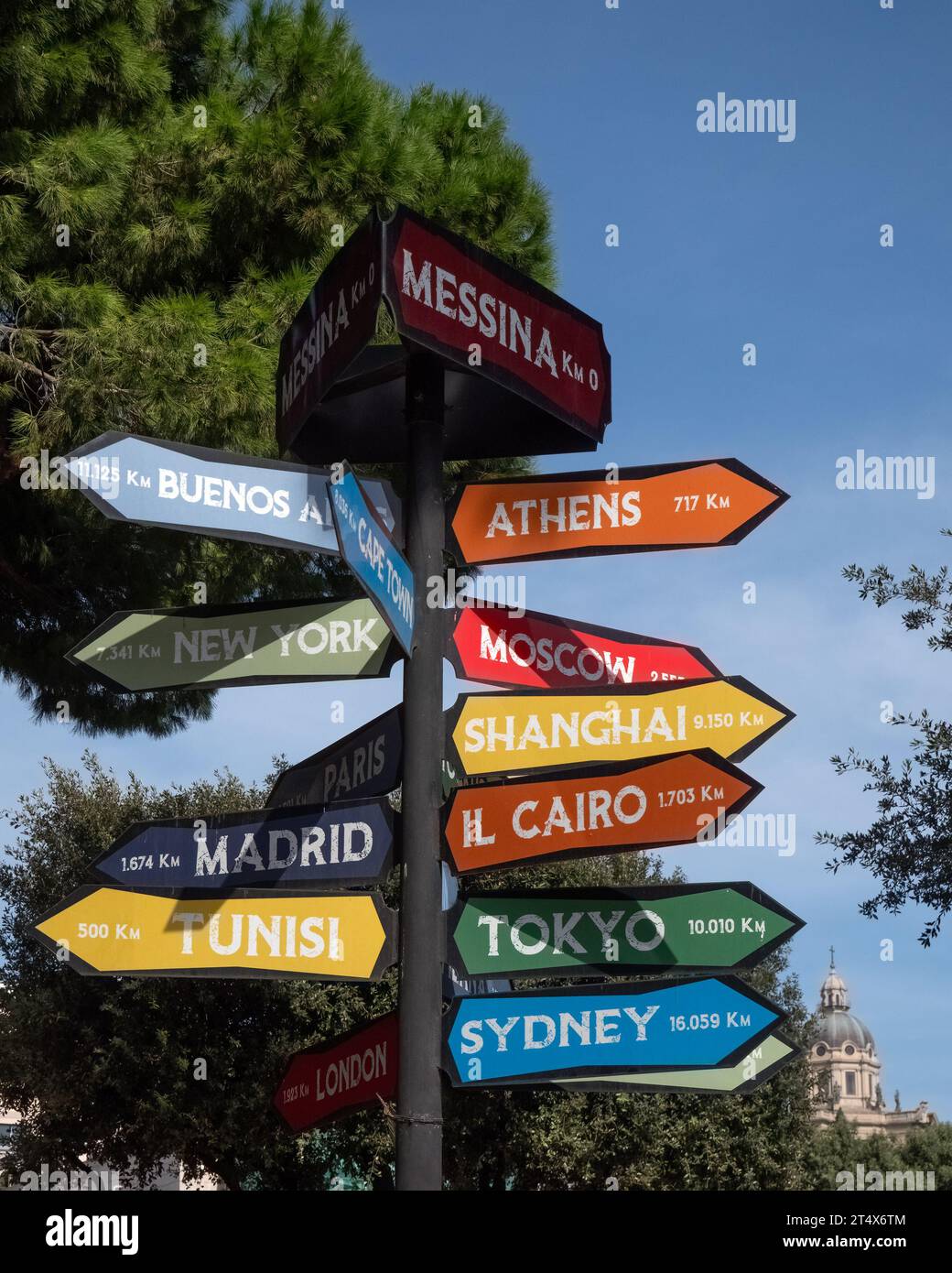 MESSINA, SICILY, ITALY - SEPTEMBER 15, 2023: Signpost with direction ...