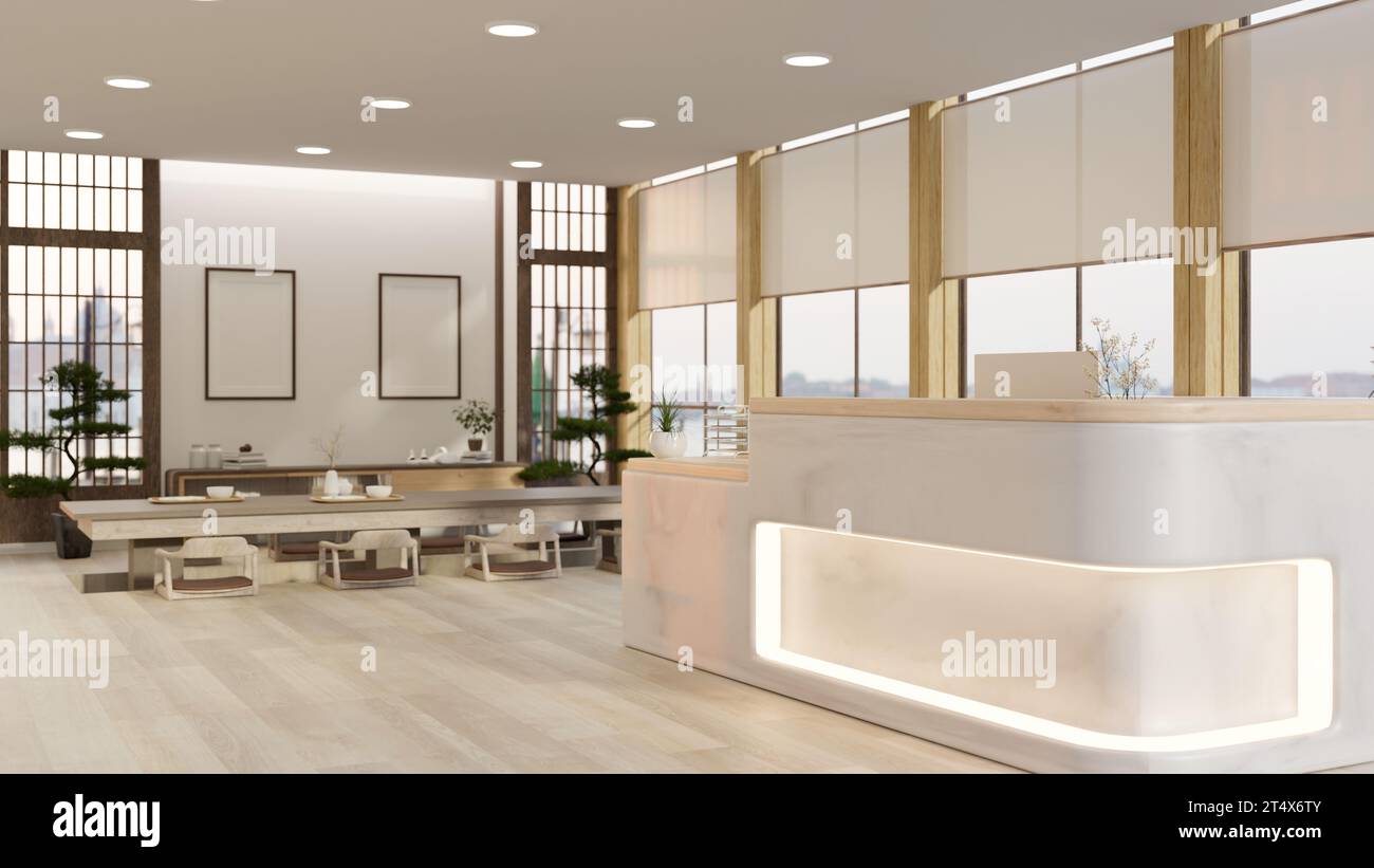 Interior design of a modern, luxury Japanese restaurant with a cashier ...