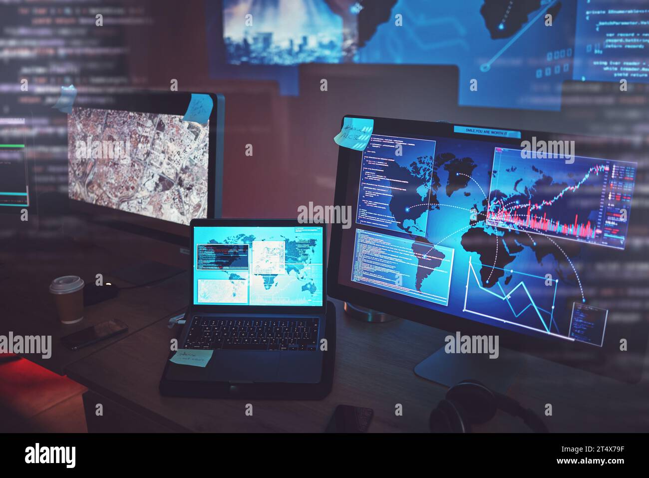 Computer Location Hacking And Cybersecurity Hologram Screen With Software For Futuristic