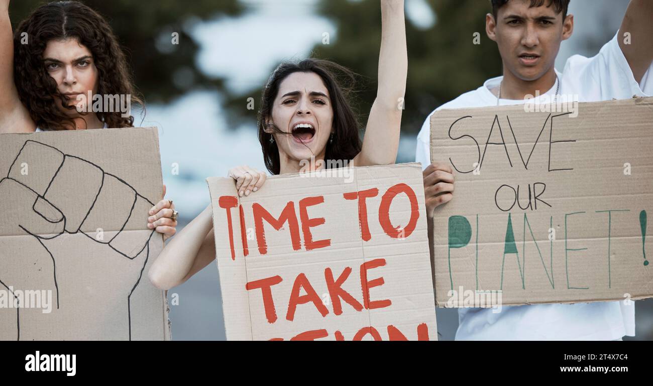 Climate change, crowd and people portrait with power fist or banner in ...