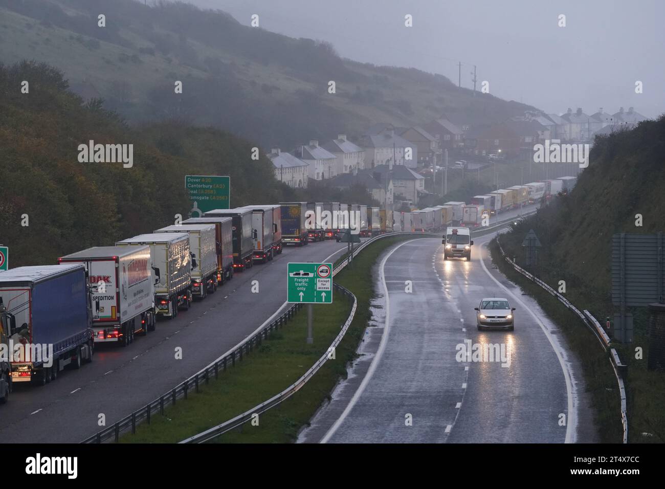 Freight lorries queued for entrance to ferry services on the A20 into ...
