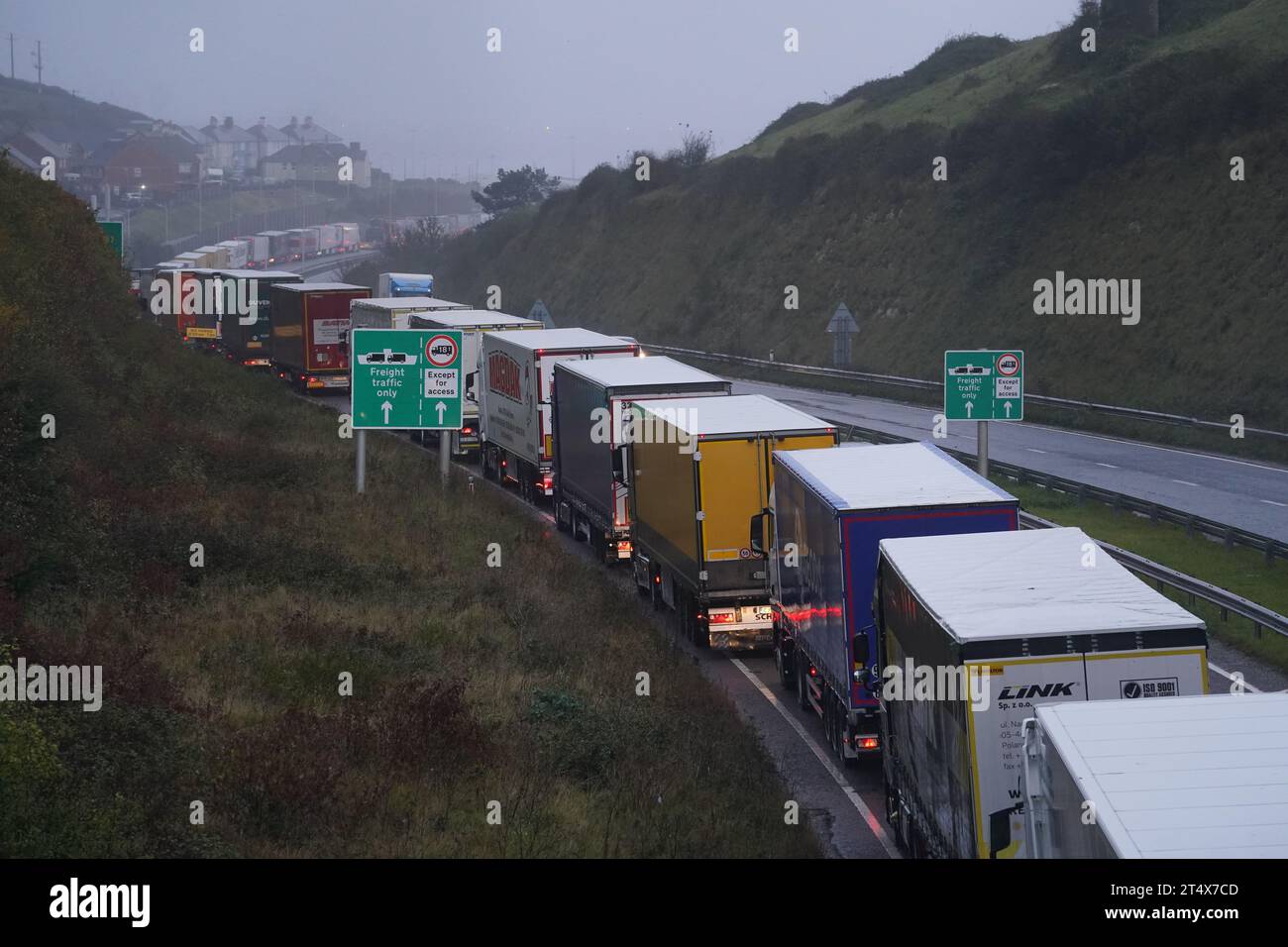 Freight lorries queued for entrance to ferry services on the A20 into ...