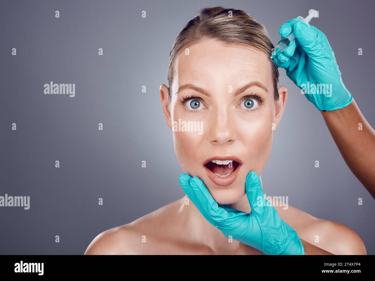 Needle, scared woman and portrait for skincare, collagen or beauty process in studio. Cosmetics ...