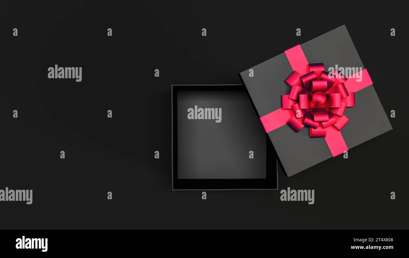 Top view of open black gift box with red ribbon and bow isolated on ...
