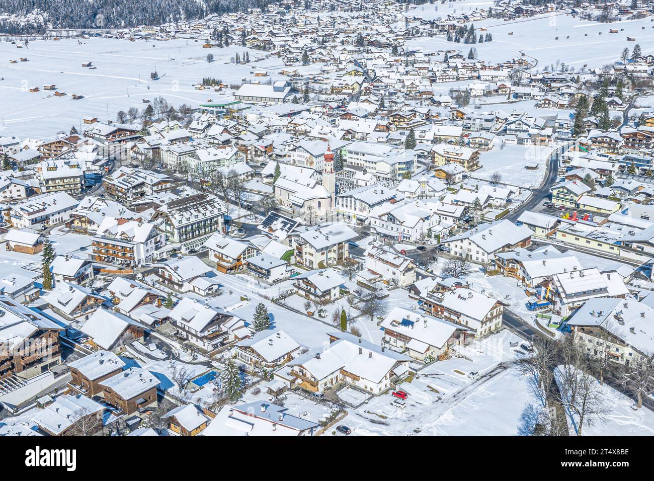 Aerial view to Ehrwald, a ski resort in the Tyroler Zugspitz Region in ...