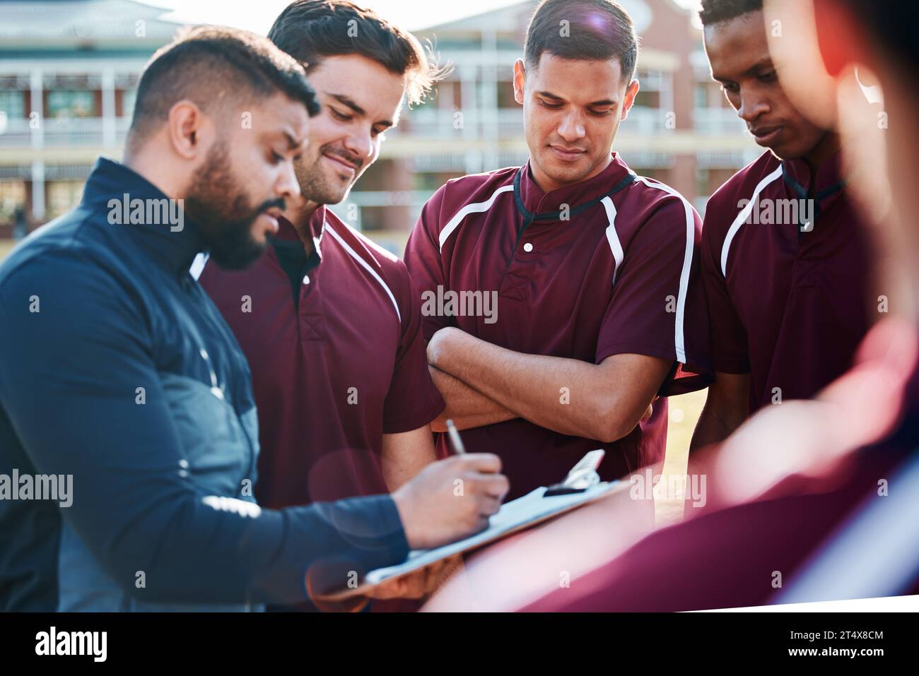 Coaching, rugby team or people with field strategy, checklist and ...